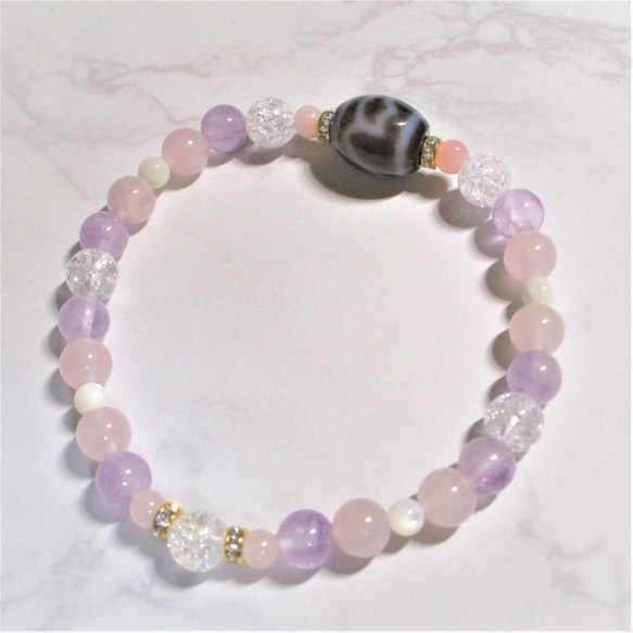 B25 心身浄化 水蓮花天珠 ピンクオパール ローズクォーツ ラベンダーアメジスト マザーオブパール クラック水晶 ブレスレット ...