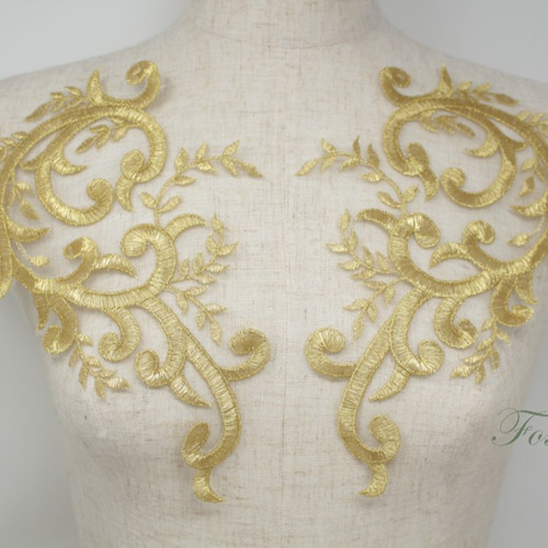 チュール刺繍モチーフ 1対 葉 金色 (MLFB42GLSHJL) レース チュール刺繍モチーフ 1対 葉 金色 (MLFB42GLSHJL) レース