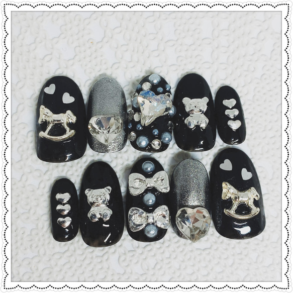 ガーリー ベアー ブラック シルバー ネイルチップ ネイルチップ（つけ爪） 8/3〜6まで出荷なしNyan nail 通販｜Creema(クリーマ)