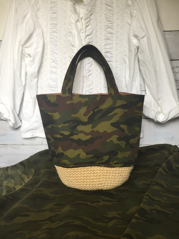 迷彩柄リネンと麻ひも丸底のトートバック（M） トートバッグ kagibari-emi 通販｜Creema(クリーマ) 5487147
