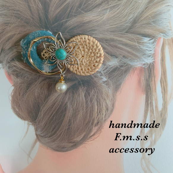 ターコイズ ラタン デニム×ポニーフック ポニーフック・ヘアカフス F.m.s.s.accessory 通販 12190270｜Creema ...