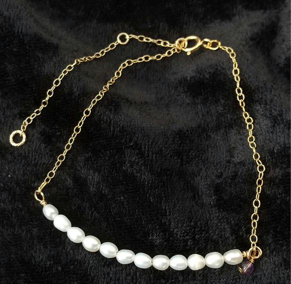 14kgf 淡水パール バー と ミニ アメジスト ブレスレット ブレスレット M,Nature~エムナチュレ 通販｜Creema(クリーマ) 12640728