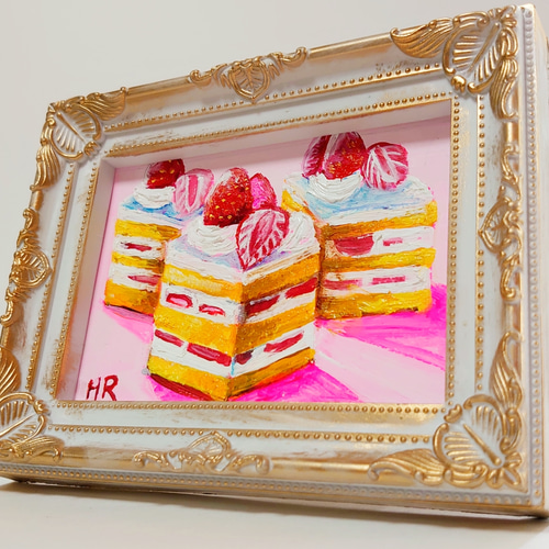 油絵 ミニ絵画額付き【四角のショートケーキ】 絵画 HR 通販 油絵 ミニ絵画額付き【四角のショートケーキ】 絵画 HR 通販