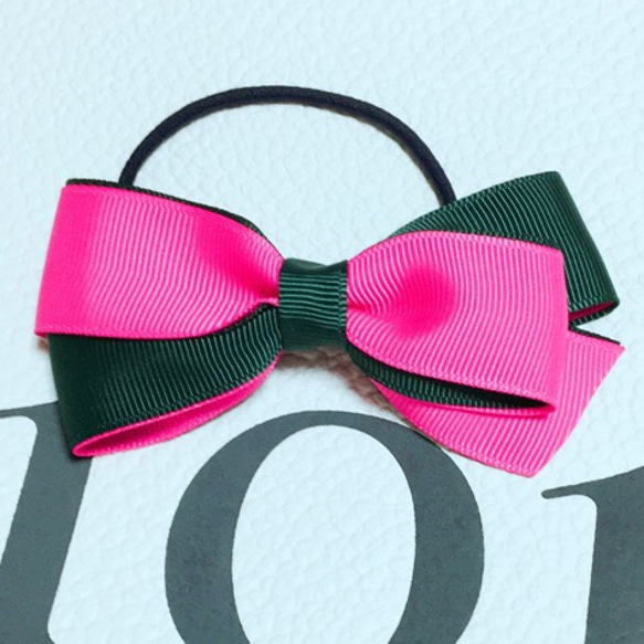 アシンメリボン ヘアゴム ピンクピンク深緑 ヘアゴム CHICO 通販｜Creema(クリーマ)