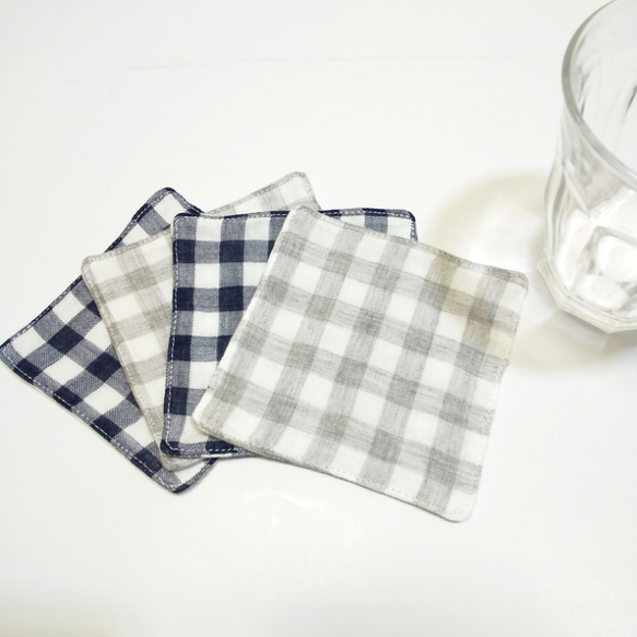 ダブルガーゼのコースター4枚組＊紺白or灰白チェック柄MIX＊4重ガーゼ＊リバーシブル＊ギフト対応＊ コースター nojanota 通販 ...