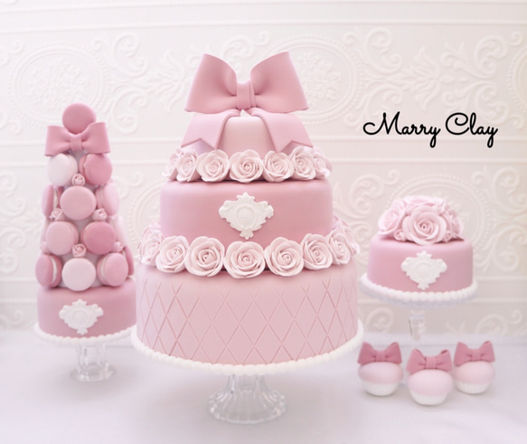 クレイケーキ＆マカロンタワー＆カップケーキセット＊くすみピンク＊色変更可＊フェイクケーキ＊推しケーキ＊ディスプレイ その他オーダーメイド ...