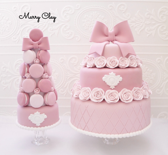 クレイケーキ＆マカロンタワーセット＊くすみピンク＊色変更可＊フェイクケーキ＊推しケーキ＊ウェディング＊ウェルカムスペース その他置物 ...