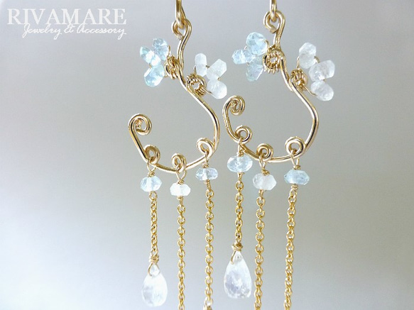 「青き月夜のワルツ」レインボームーンストーン アクアマリン ホワイトトパーズ ドロップカット ピアス ピアス（フック・チェーン ...