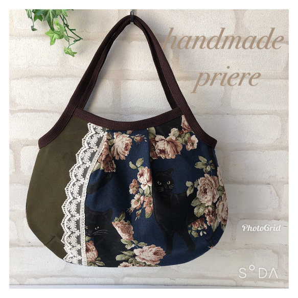 ★可愛いグラニーバック 綿麻ネコ＆バラ花柄ブルー系★ グラニーバッグ priere_ai 通販 12644381｜Creema(クリーマ)