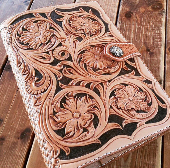 ハンドメイド 栃木レザー カービング B5 ノートカバー フルカービング ブックカバー バインダー ブックカバー LEGARO-WORKS ...