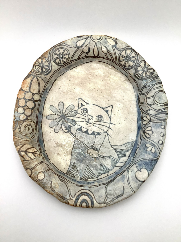 猫文長丸皿【青の肖像】佐藤大士作 中皿 早蕨窯 通販 10075296｜Creema(クリーマ)