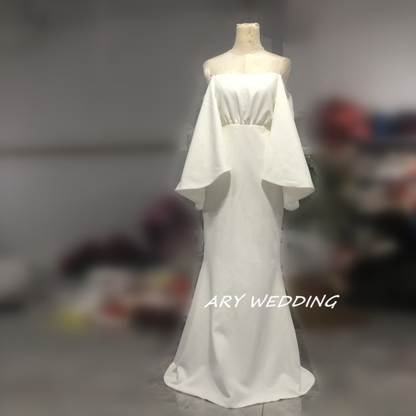 大人気上昇 ウエディングドレス 前撮り オフショル フレア袖 スレンダーライン 結婚式/披露宴/挙式 ドレス ARY WEDDING(エリー ...