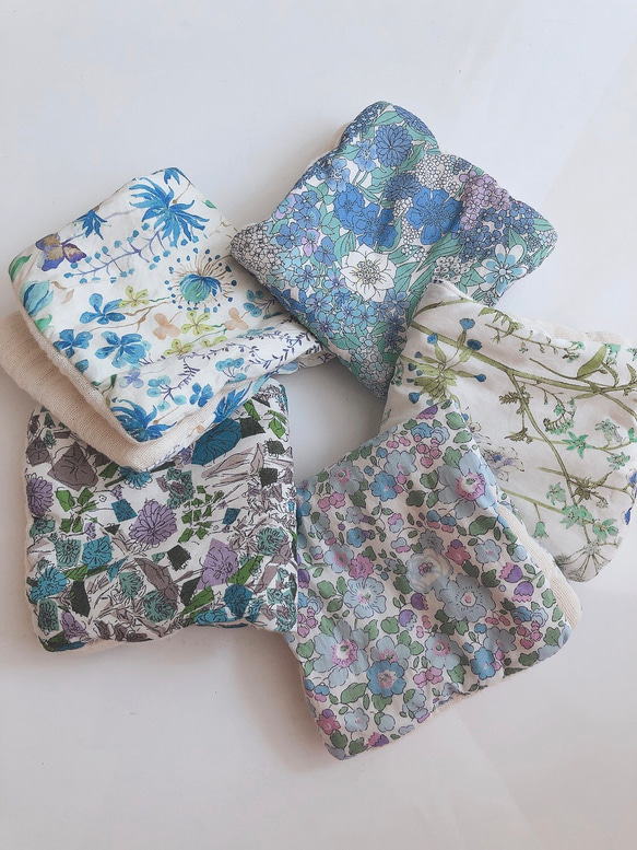 matibari 送料無料 約10×20㎝ リバティと6重ガーゼのハンカチ5枚セット ハイドランジアブルー系 ハンカチ・手ぬぐい ...