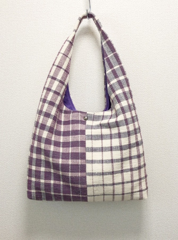 裂き織り ショルダーバッグ ワンハンドル（紫系check） ショルダーバッグ ORIIZA 通販 11811190｜Creema(クリーマ)