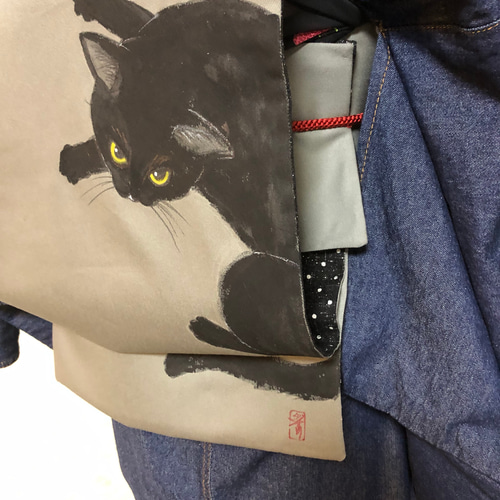 手描き黒猫帯 作り帯 二部式 軽装帯 デニム着物にも! 和装小物 手描き黒猫帯 作り帯 二部式 軽装帯 デニム着物にも! 和装小物
