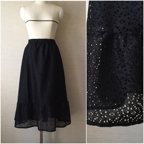 コットンレースギャザーロングスカート/Alice skirt/黒 裏地付き 総