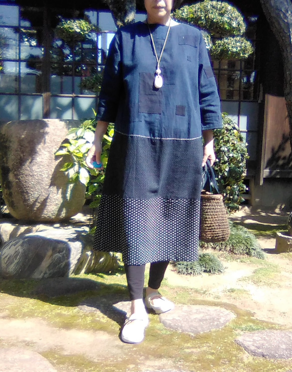 古布リメイク 藍染のコクーンワンピース ワンピース 古布華 通販 古布リメイク 藍染のコクーンワンピース ワンピース 古布華 通販