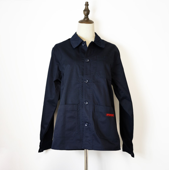 STEREOロゴを刺繍した音楽系カバーオール【ダークネイビー】ポリ・綿の混紡生地 フレンチカバーオール ユニセックス ジャケット ...