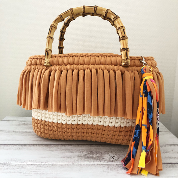 ボーダー バンブーハンドルマルシェバッグ フリンジマルシェバッグ tシャツヤーン ズパゲッティバッグ バンブーバッグ かごバッグ ...