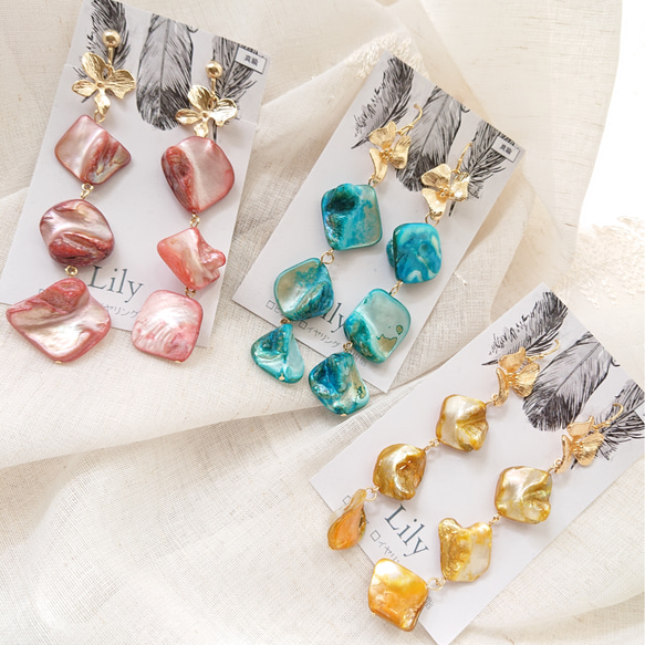 淡水シェルの3連イヤリング☆お花は18kgp イヤリング・ノンホールピアス Lily 通販 7398156｜Creema(クリーマ)