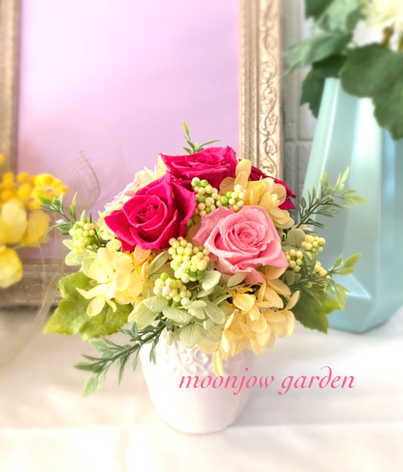 プリザーブドフラワーピンクローズ♡爽やかアレンジメント プリザーブドフラワー moonjow garden 通販｜Creema(クリーマ ...
