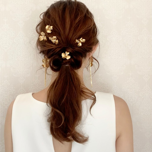 ヘッドドレス ウェディング ゴールド 花 小枝 アレンジ Uピン 髪 ヘッドドレス ウェディング ゴールド 花 小枝 アレンジ Uピン 髪