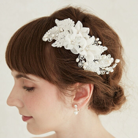 ウエディングヘッドドレス ヘッドアクセ髪飾り レース 淡水パール ビジュー 花嫁ヘア ブライダル LM347 ヘッドドレス（ウェディング ...