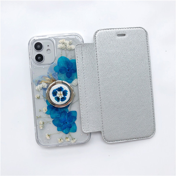 紫陽花とかすみ草 スマホリング付き【手帳型スマホケース】iPhoneケース iPhone13/12/SE2/11Pro iPhoneケース ...