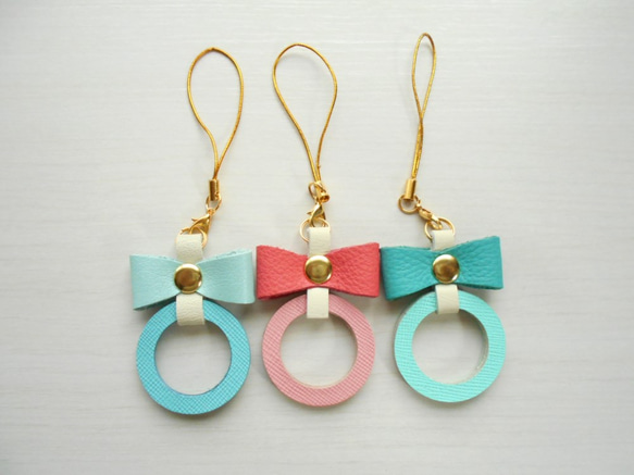 リボンスマホストラップ（リング）・本革・落下防止・送料無料・パステル キーリング 🌼 豆すず 🌼 通販 3090885｜Creema(クリーマ)