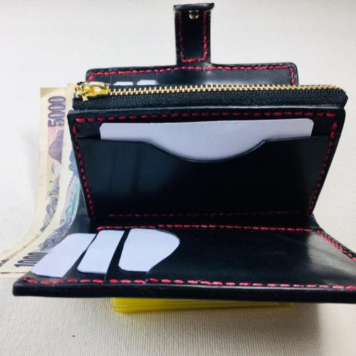 手縫】黒色本革二つ折り財布(赤糸)(カード8+お札1+ファスナー 手縫】黒色本革二つ折り財布(赤糸)(カード8+お札1+ファスナー