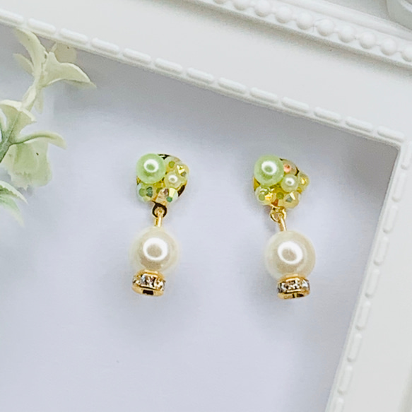 グリーンビジュー×パールロンデルピアス ピアス（スタッド・一粒） Rynx 通販 12708493｜Creema(クリーマ)