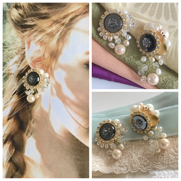 【一点物☺︎】黒とゴールドの大人イヤリング パール ブラック お花 結婚式 ウエディング ブライダル 結婚式355 イヤリング・ノンホール ...