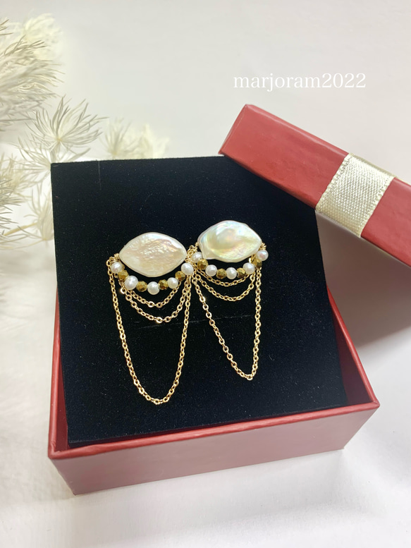 淡水パールとゴールドチェーン 3連ピアス14kgf ピアス（スタッド・一粒） marjoram 通販｜Creema(クリーマ)