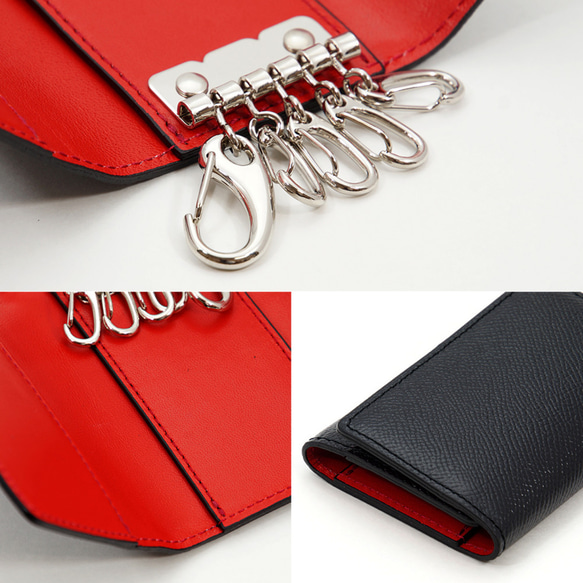 【受注生産 納期4週間】ドイツ 最高級 牛革 ノブレッサカーフ 5連 キーケース 3つ折り カードポケット付 （黒／赤） キーケース RIA ...