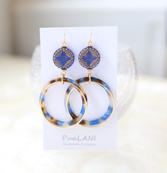 ドイツ製コイン（アンティークBG）とダブルリング（メタル×ブルーブラウンMB）♡ピアス・イヤリング♪【K18・K14G】 ピアス（フック ...