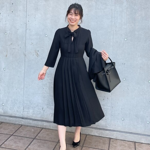 SALE 40%off□ジョーゼット ボウタイプリーツフレアワンピース黒 SALE 40%off□ジョーゼット ボウタイプリーツフレアワンピース黒