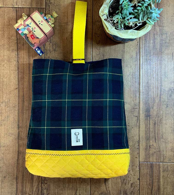 入園・入学3点セットのシューズバッグ単品売り/ツイルタータンチェックxイエローキルティングのコンビネーション レッスンバッグ Work ...