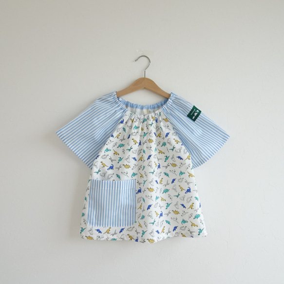 恐竜タグ付き★恐竜×ストライプの夏用スモック 80～140サイズ 子供服 *norie 通販 12020786｜Creema(クリーマ)
