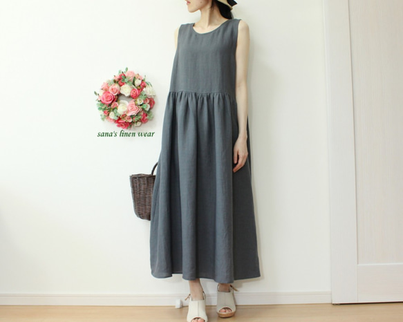 ベルギーリネン ノースリーブギャザーワンピース ジャンパースカート グレーネイビー【選べる着丈】 ワンピース sana's linen ...