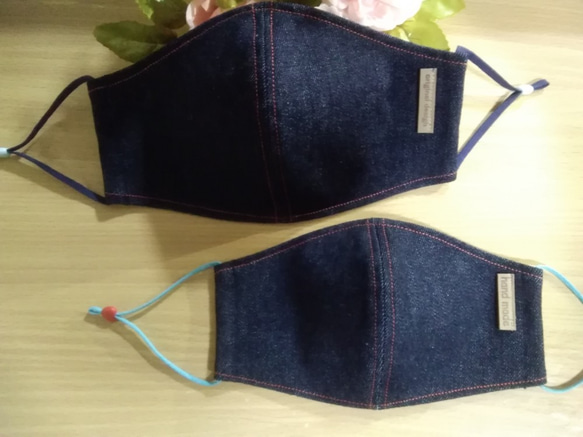 秋冬マスク セルビッチデニム LМ2サイズ カラーステッチ 綿ブルー裏地 家族旅行やお出かけに タグ付き ゴムストッパー 布マスク misa ...