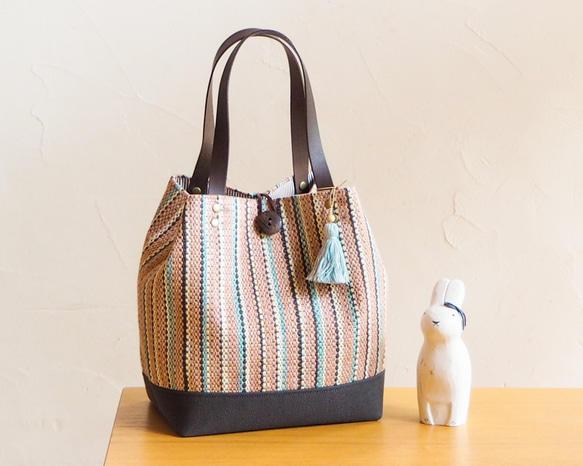 【SALE】ナチュラルカラーストライプ手織り布のバケツトート（ピンク） バケツバッグ Atelier LOP 通販｜Creema(クリーマ ...