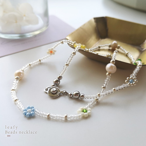 ❁ Happy summer * 夏色フラワーと淡水パールのビーズネックレス ❁ Happy summer * 夏色フラワーと淡水パールのビーズネックレス