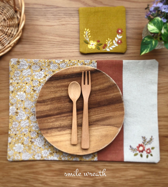 【お花刺繍のランチョンマット＆コースターセット オレンジ】新春セール￥4200→￥3700 ランチョンマット nico 通販 11548228 ...