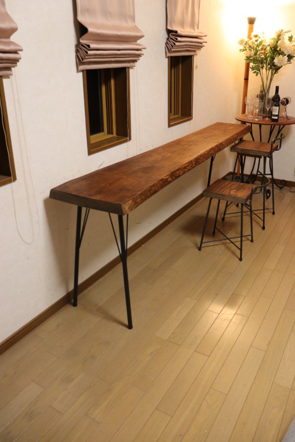 長めw2090一枚板ヒノキ カウンターテーブル カフェ ダイニングテーブル在宅勤務 テレワーク アンティーク風 ダイニングテーブル ...