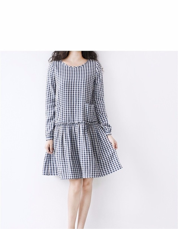 【M】チェック柄のWガーゼポケット付きゆったり長袖ワンピース♪ ワンピース トモハンドメイド 通販｜Creema(クリーマ) 1848830