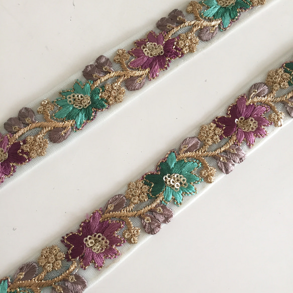 【50cm】インド刺繍リボン グリーンxパープル ネット リボン・テープ CRAFT D’AVION 通販 11571246｜Creema(クリーマ)