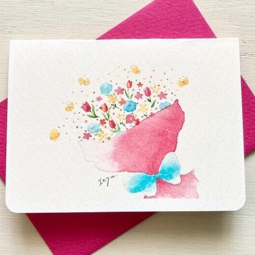 2枚セット「幸せの花束」水彩画イラスト ミニカード 花 2枚セット「幸せの花束」水彩画イラスト ミニカード 花