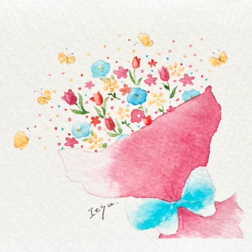 2枚セット「幸せの花束」水彩画イラスト ミニカード 花 2枚セット「幸せの花束」水彩画イラスト ミニカード 花