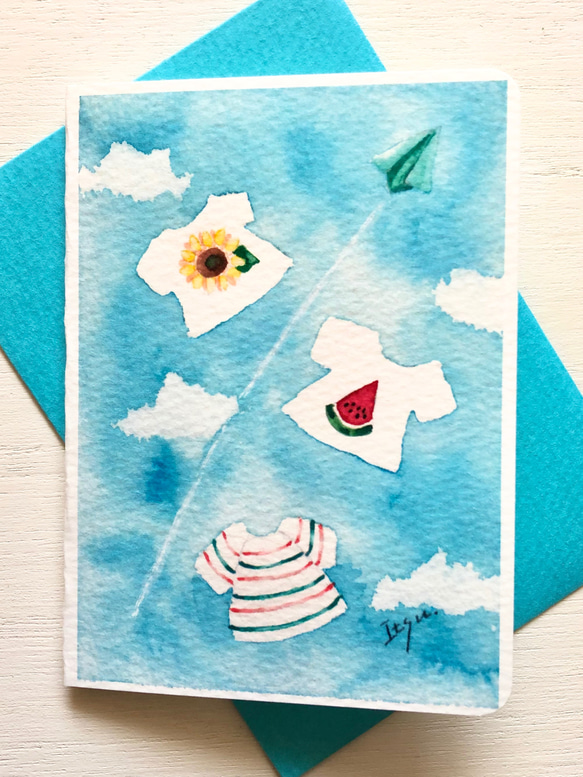 2枚セット「Tシャツと紙ひこうき」水彩画イラスト ミニカード ひまわり スイカ バースデーカード 母の日 父の日 メッセージカード ...