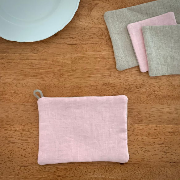 ポットコースター 鍋敷き/鍋つかみにできる。ふっくらリネン 桜ピンク＊きなり色 16 ️11cm 母の日ギフト 鍋敷き HWB_with ...